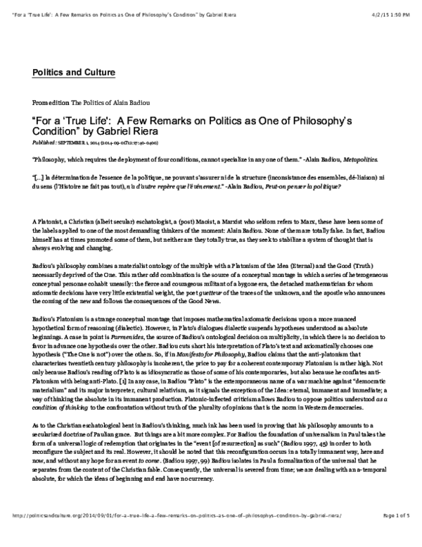 (PDF) "For a True Life": “For a ‘True Life': A Few Remarks on Politics ...