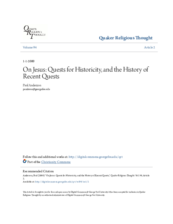 (PDF) "On Jesus: Quests for Historicity, and the History of Recent Quests"