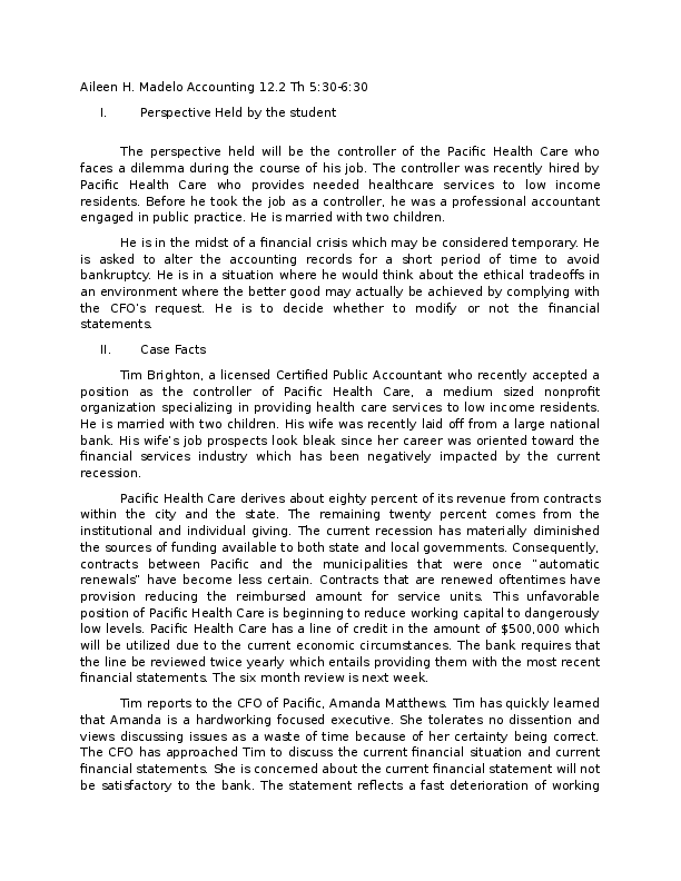 (DOC) Pacific Health Care: What should the Controller do? Kenneth Danko ...