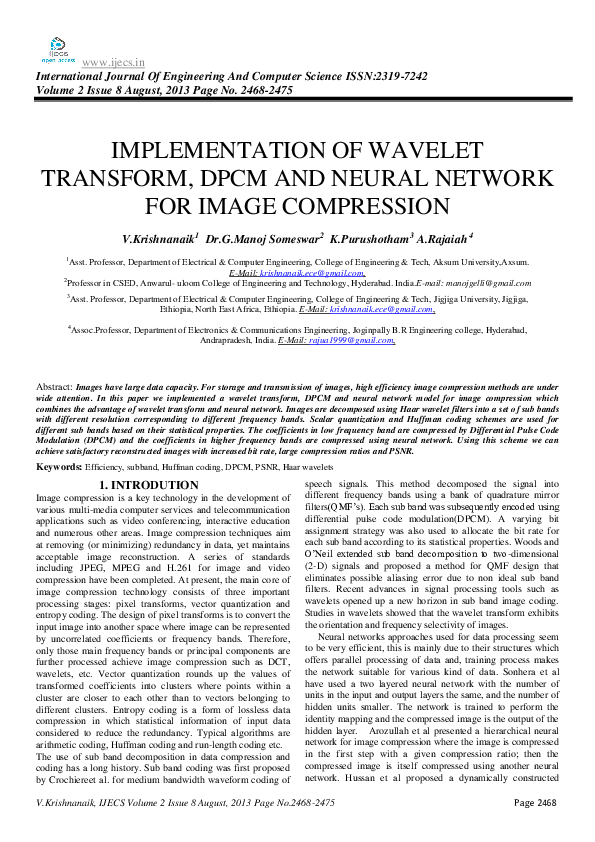 Pdf Implementation Of Wavelet Transform Dpcm And Neural Network For Image Compression