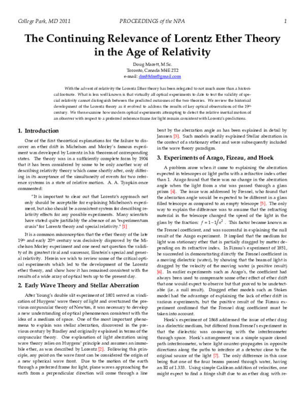 (PDF) The Continuing Relevance of Lorentz Ether Theory in the Age of ...
