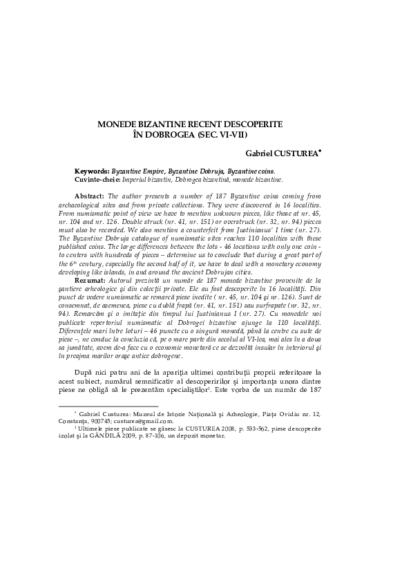 (PDF) Monede bizantine recent descoperite in Dobrogea (sec. VI-VII)