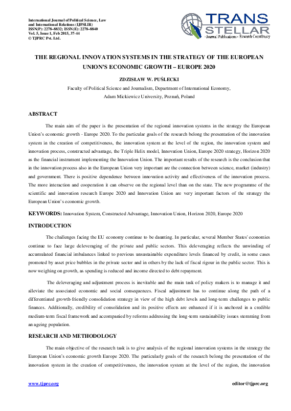 (PDF) THE REGIONAL INNOVATION SYSTEMS IN THE STRATEGY OF THE EUROPEAN UNION’S ECONOMIC GROWTH ...