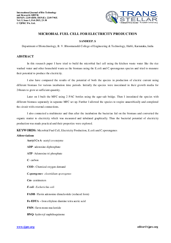 (PDF) MICROBIAL FUEL CELL FOR ELECTRICITY PRODUCTION