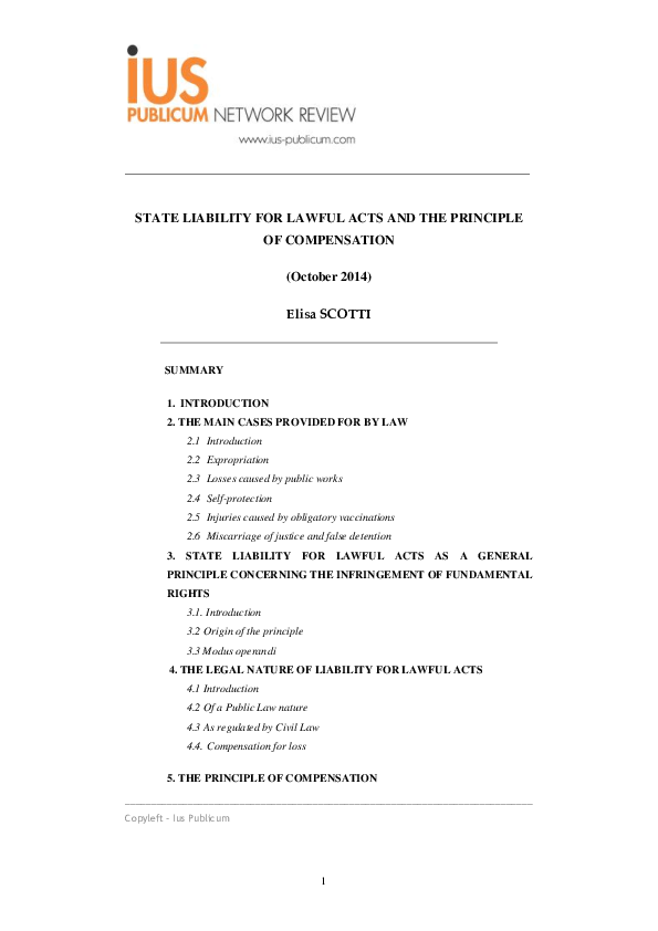 (PDF) STATE LIABILITY FOR LAWFUL ACTS AND THE PRINCIPLE OF COMPENSATION