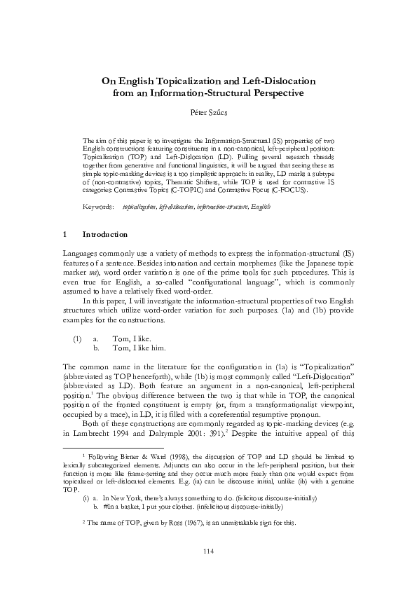 (PDF) On English Topicalization and Left-Dislocation from an ...