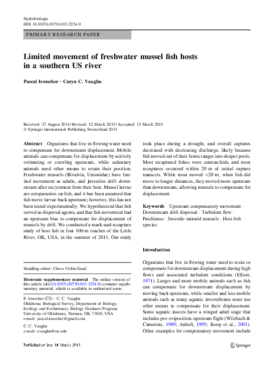 (PDF) Limited movement of freshwater mussel fish hosts in a southern US ...