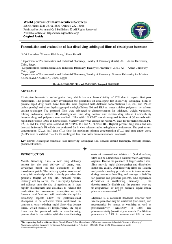 Pdf Formulation And Evaluation Of Fast Dissolving Sublingual Films Of Rizatriptan Benzoate