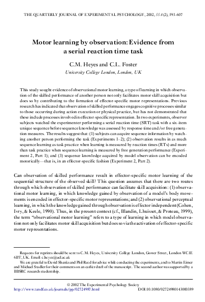 (PDF) Motor learning by observation: Evidence from a serial reaction ...