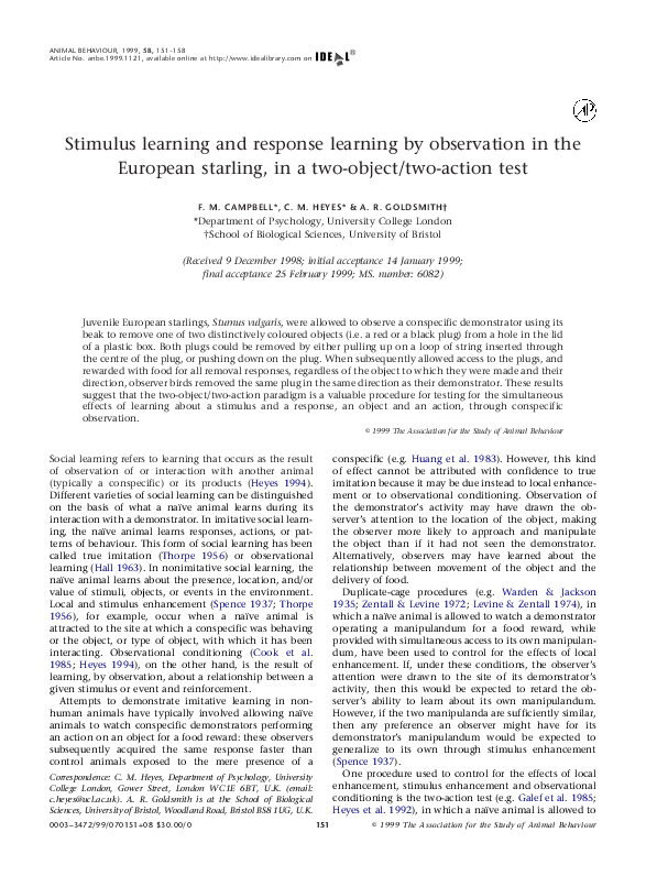 (PDF) Stimulus learning and response learning by observation in the ...