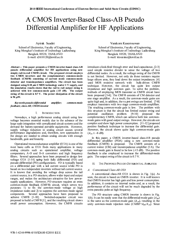 Pdf A Cmos Inverter Based Class Ab Pseudo Differential Amplifier For Hf Applications