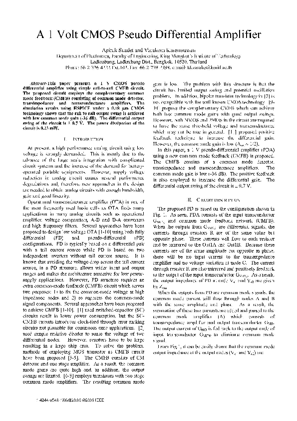 (PDF) A 1 Volt CMOS Pseudo Differential Amplifier
