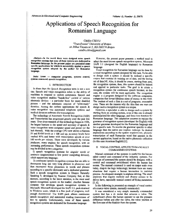 Pdf Applications Of Speech Recogition For Romanian Language