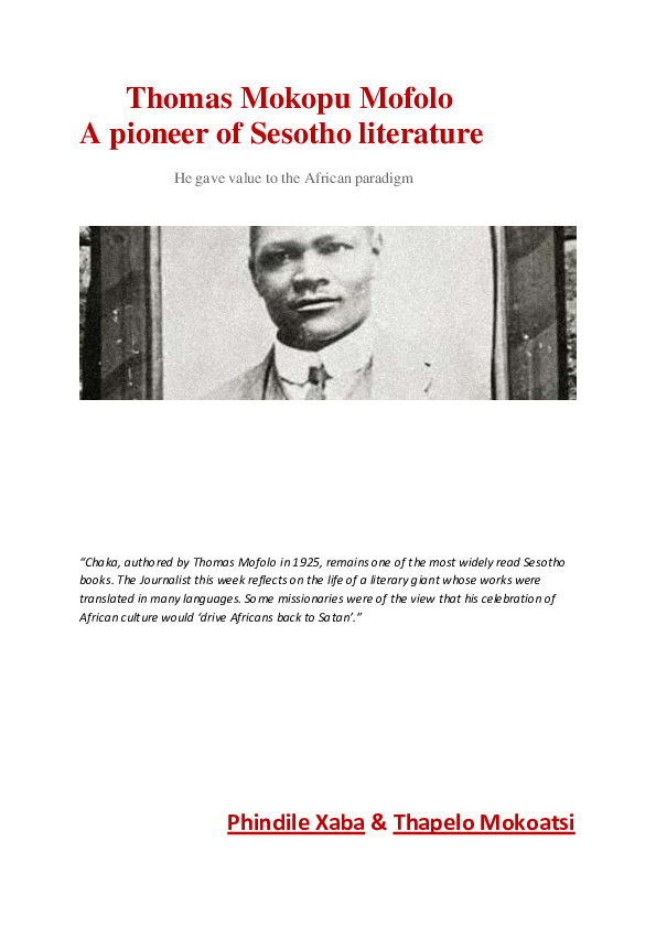 (PDF) Thomas Mokopu Mofolo - He gave value to the African paradigm