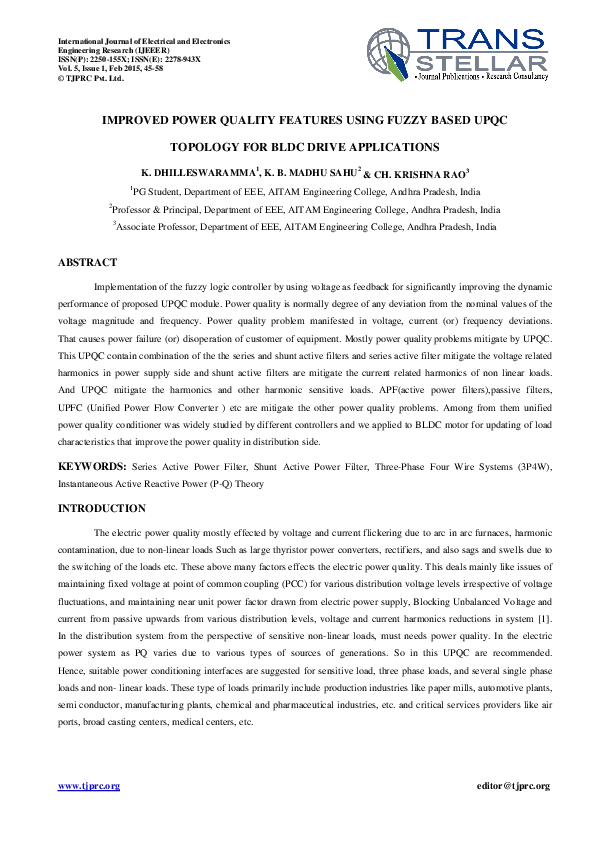 (PDF) IMPROVED POWER QUALITY FEATURES USING FUZZY BASED UPQC TOPOLOGY FOR BLDC DRIVE APPLICATIONS