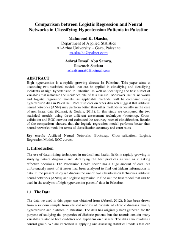Pdf Comparison Between Logistic Regression And Neural Networks In Classifying Hypertension