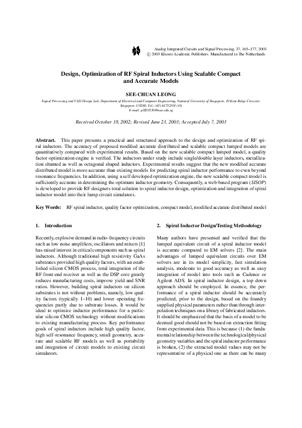 Pdf Design Optimization Of Rf Spiral Inductors Using Scalable Compact And Accurate Models
