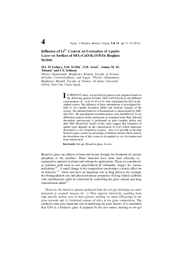 (PDF) Influence of Li2+ Content on Formation of Apatite Layer on Surface of SiO2-CaO-K2O-P2O5 ...