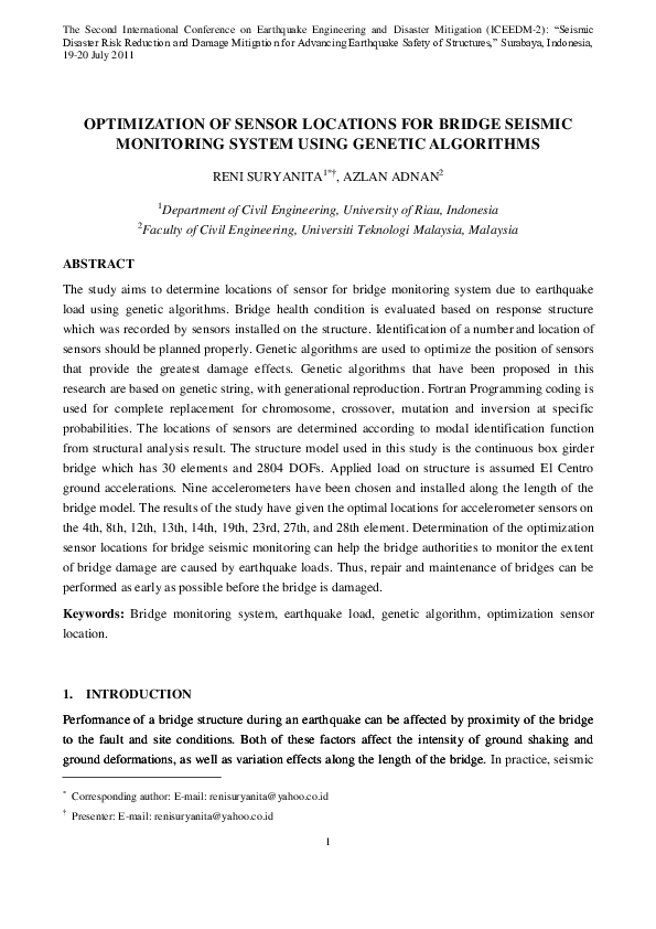 (PDF) Optimization of Sensor Locations for Bridge Seismic Monitoring System using Genetic Algorithms