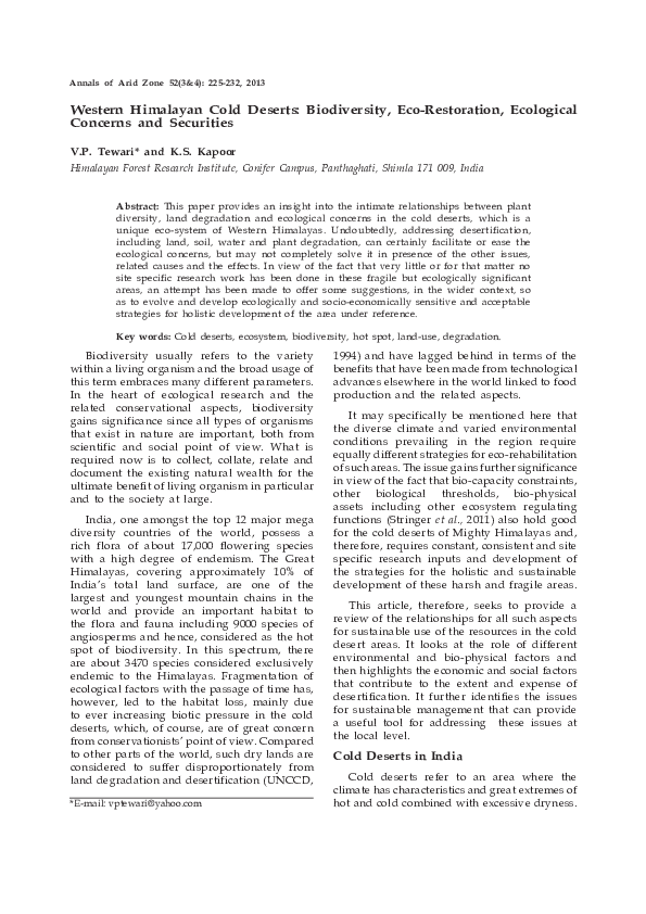 (PDF) Western Himalayan Cold Deserts: Biodiversity, Eco-Restoration ...