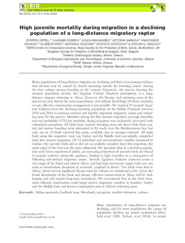 (PDF) High juvenile mortality during migration in a declining ...
