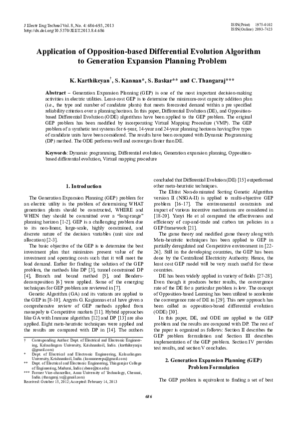 Pdf Application Of Opposition Based Differential Evolution Algorithm