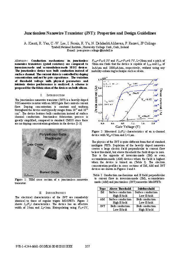 (PDF) Junctionless Nanowire Transistor (JNT): Properties and Design Guidelines