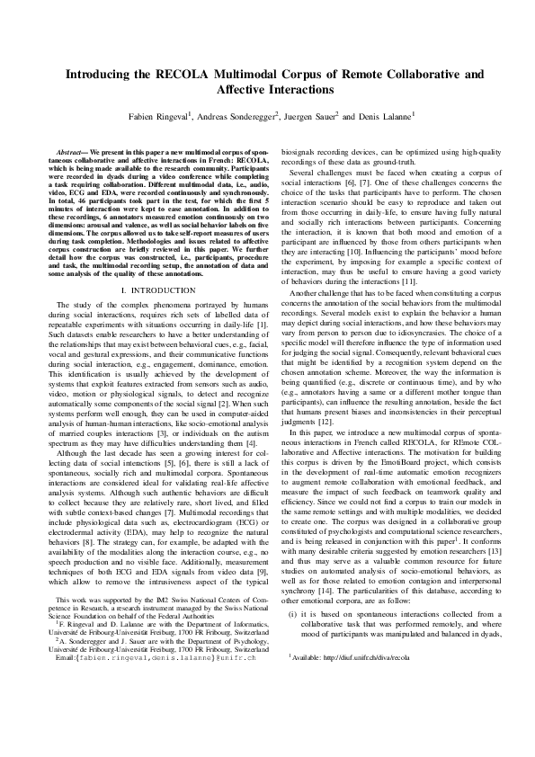 Pdf Introducing The Recola Multimodal Corpus Of Remote Collaborative And Affective Interactions