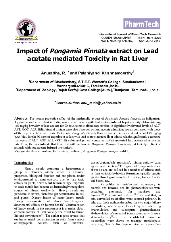 (PDF) Impact of Pongamia Pinnata extract on Lead acetate mediated ...