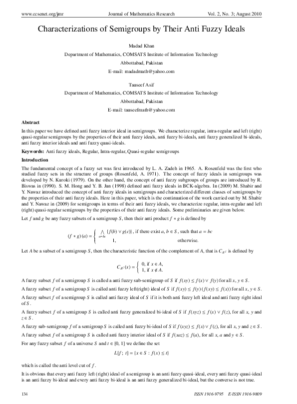 (PDF) Characterizations of Semigroups by Their Anti Fuzzy Ideals