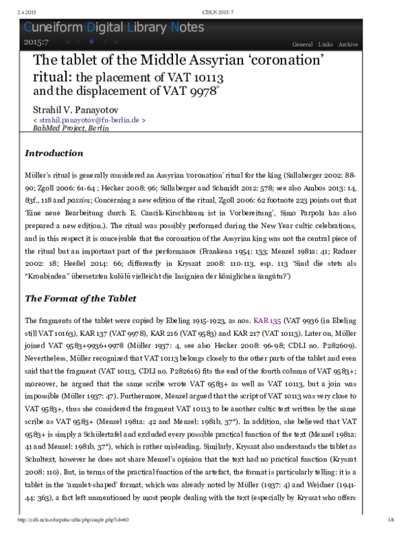 (PDF) 2015. The tablet of the Middle Assyrian ‘coronation’ ritual: the ...