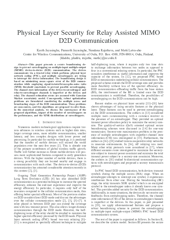 (PDF) Physical Layer Security for Relay Assisted MIMO D2D Communication