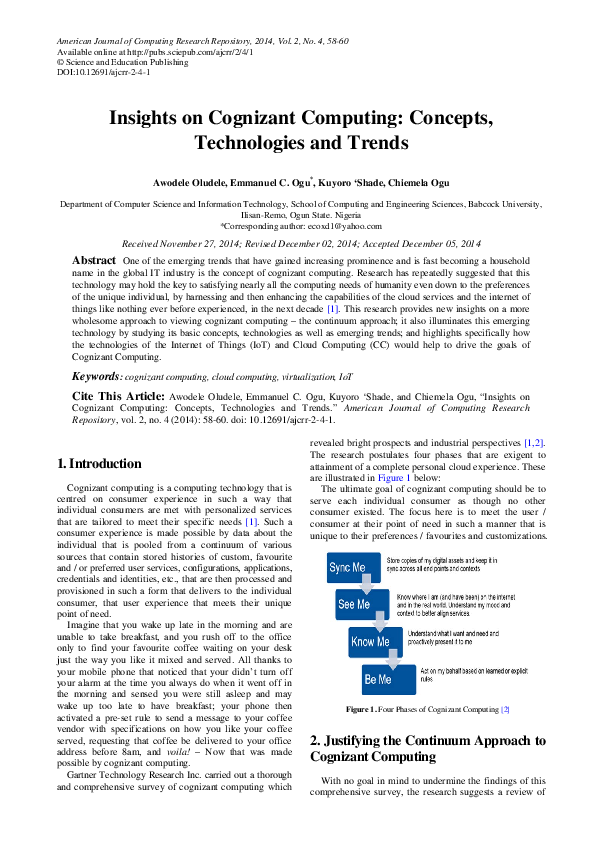 (PDF) Insights on Cognizant Computing: Concepts, Technologies and Trends