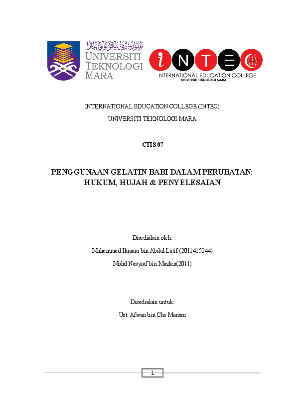(DOC) PENGGUNAAN GELATIN BABI DALAM PERUBATAN: HUKUM, HUJAH & PENYELESAIAN