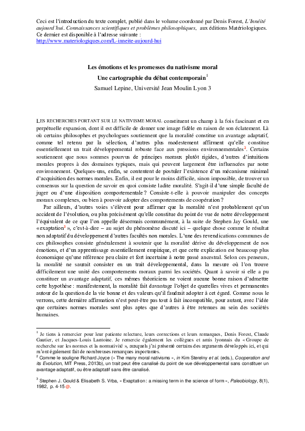 (PDF) Les émotions et les promesses du nativisme moral. Une ...