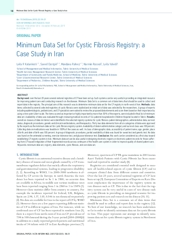 (PDF) Minimum Data Set for Cystic Fibrosis Registry: a Case Study in Iran