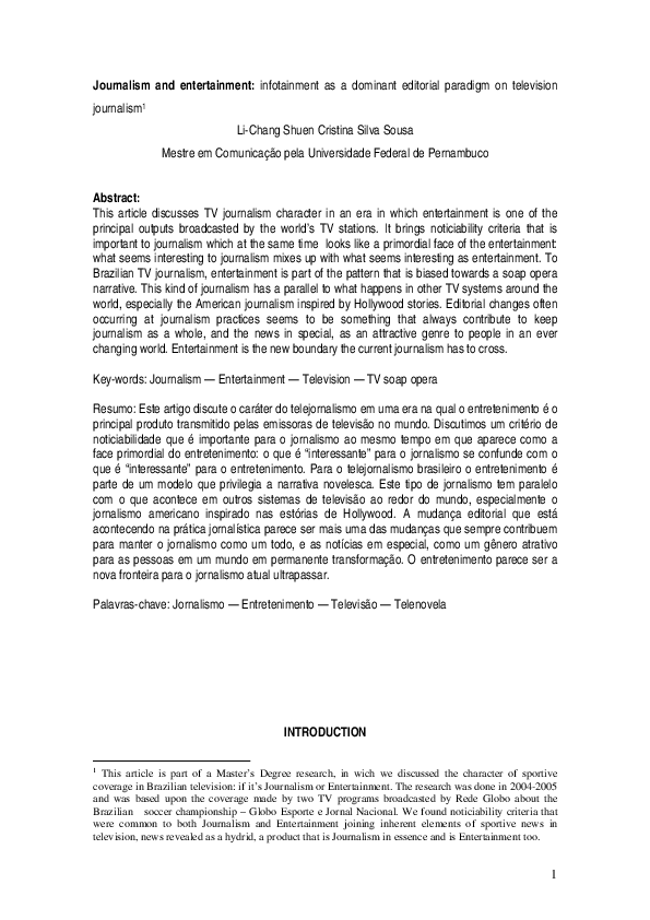 (PDF) Journalism and entertainment: infotainment as a dominant ...