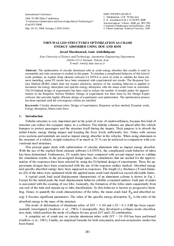 (PDF) Thin-Walled Structures Optimization as Crash Energy Absorber Using DOE and RSM