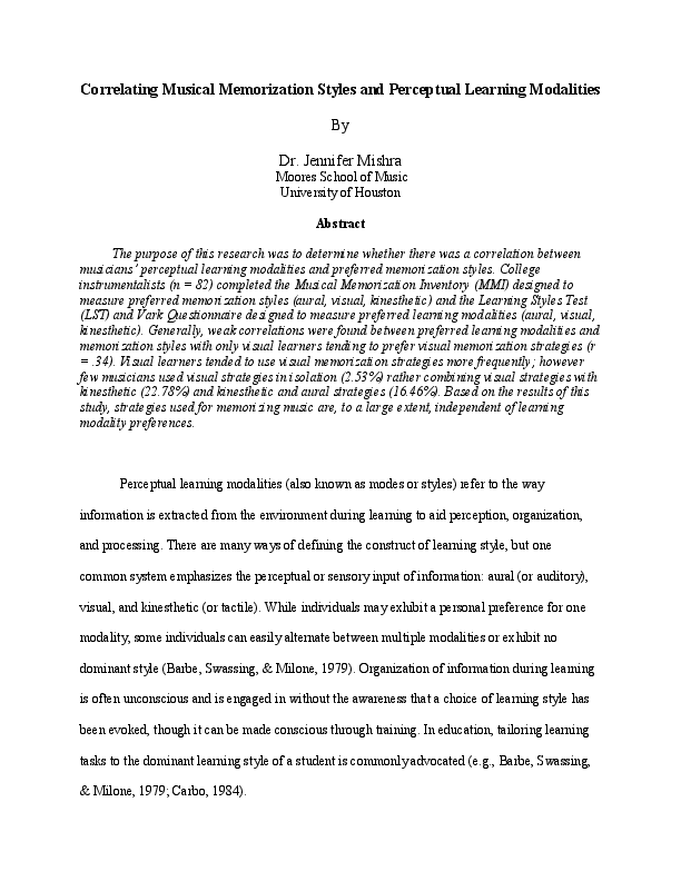 Pdf Correlating Musical Memorization Styles And Perceptual Learning Modalities