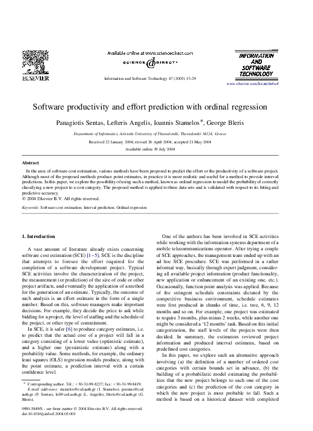 Pdf Software Productivity And Effort Prediction With Ordinal Regression
