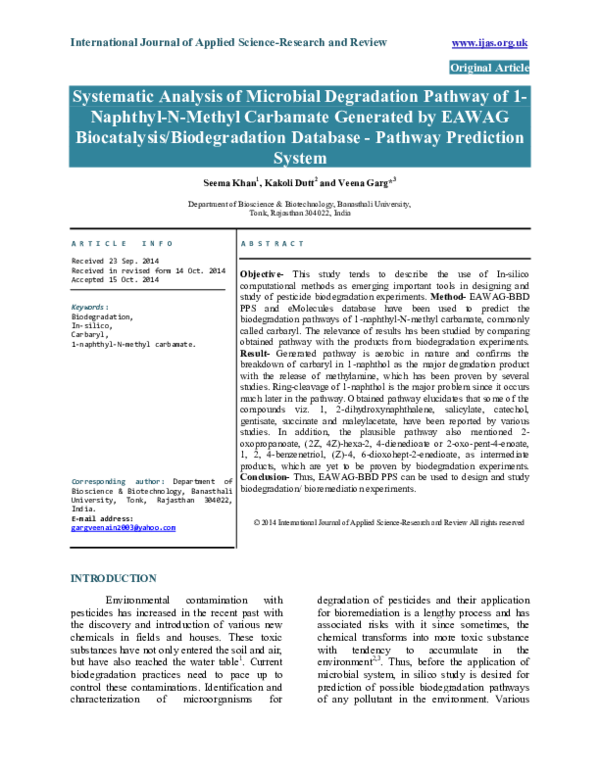 Systematic Analysis of Microbial Degradation Pathway of 1- Naphthyl-N-Methyl Carbamate Generated ...
