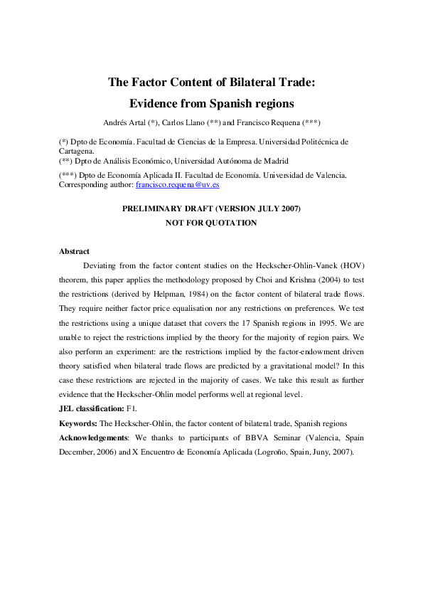 (PDF) The Factor Content of Bilateral Trade: Evidence from Spanish ...