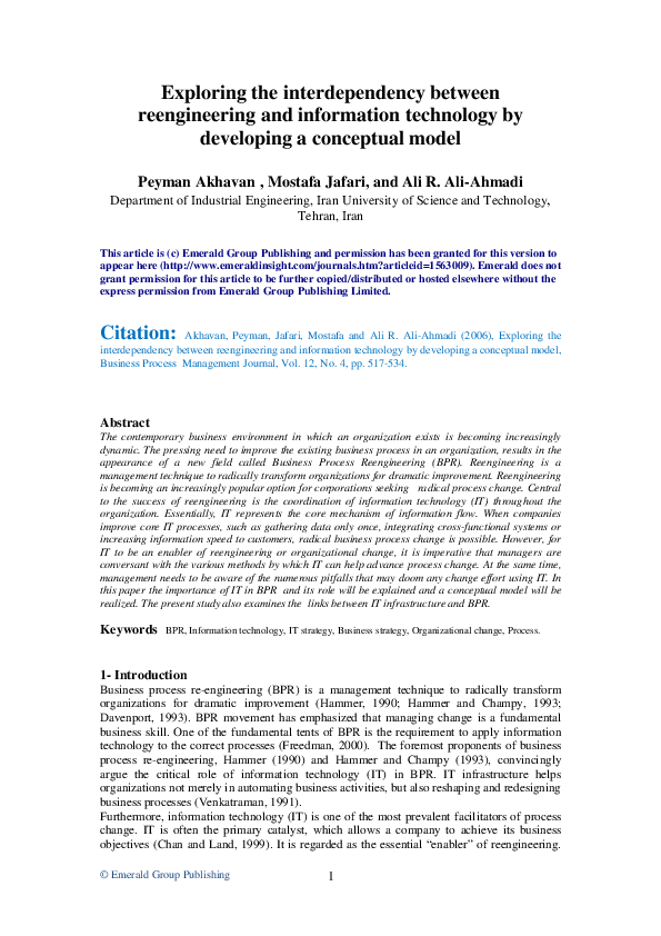 Exploring the interdependency between reengineering and information technology by developing a ...