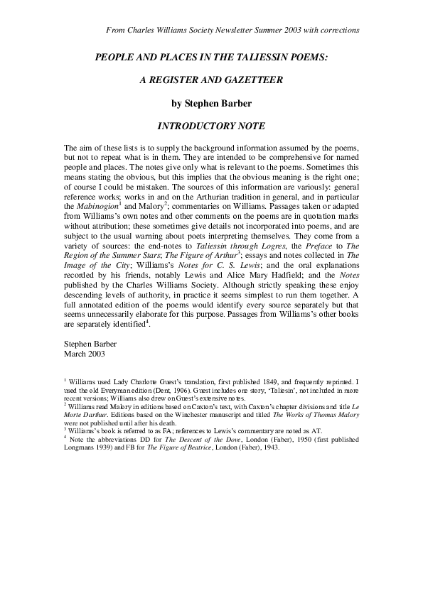 (PDF) People and Places in the Taliessin Poems