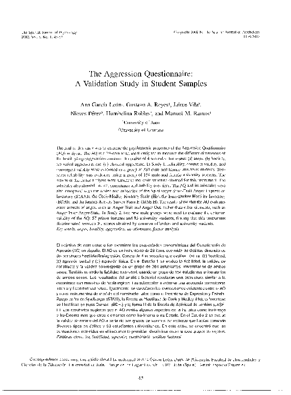 (PDF) The Aggression Questionnaire: A Validation Study in Student Samples
