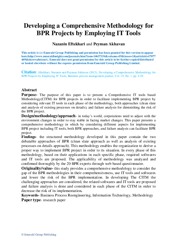 Developing a Comprehensive Methodology for BPR Projects by Employing IT Tools