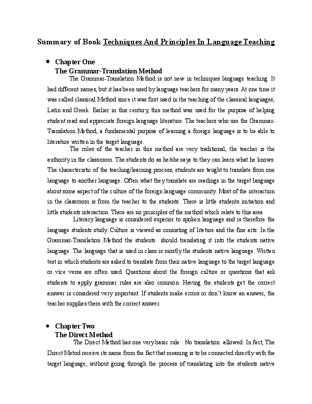 Doc Summary Of Book Techniques And Principles In Language Teaching The Grammar Translation Method