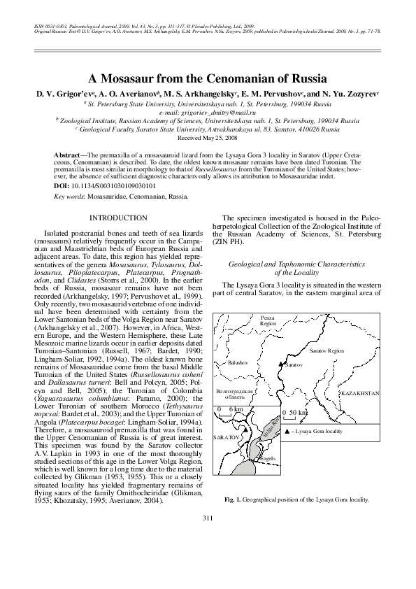 (PDF) A Mosasaur from the Cenomanian of Russia