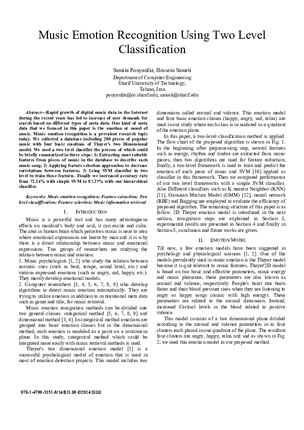 (PDF) Music Emotion Recognition Using Two Level Classification