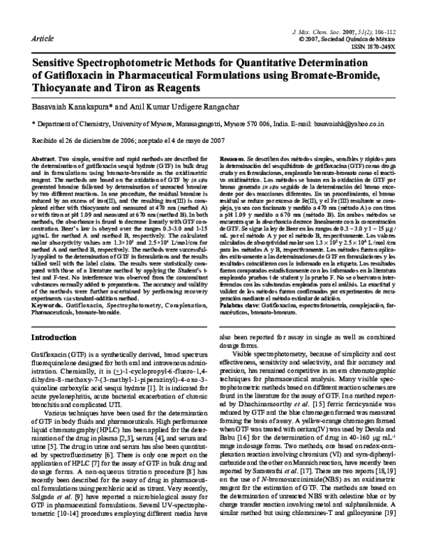 Pdf Sensitive Spectrophotometric Methods For Quantitative Determination Of Gatifloxacin In